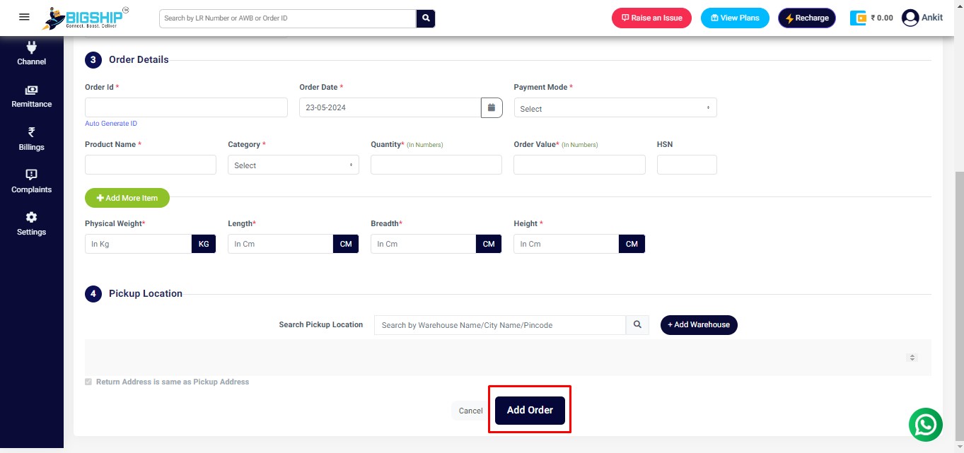 How To Create Orders in Bigship Panel?